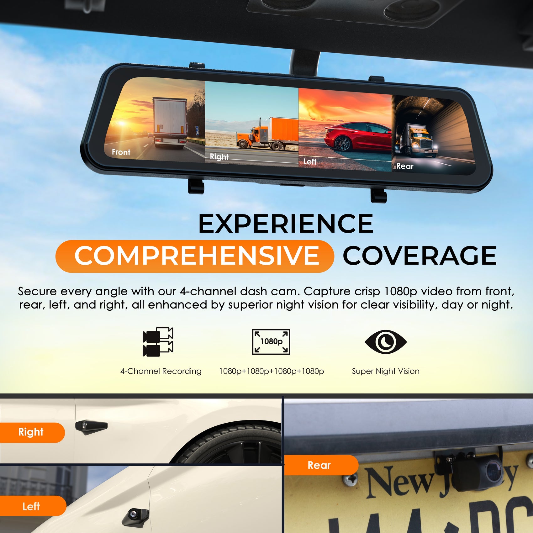 REXING M2-4 4-Channel Mirror Dash Cam, 12” Touch Screen, 1080p with GP ...