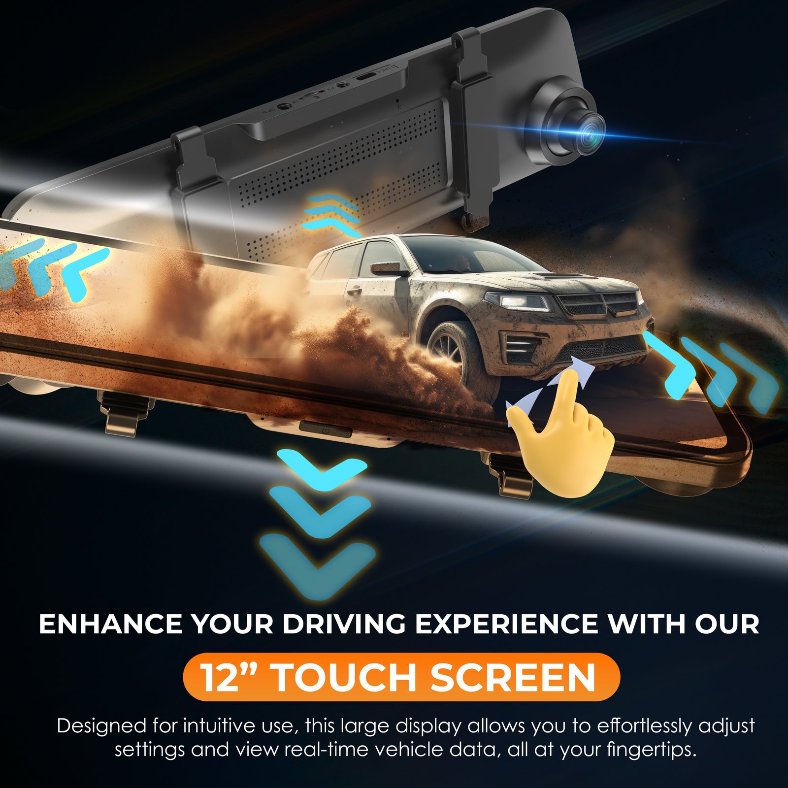 REXING M2-4 4-Channel Mirror Dash Cam, 12” Touch Screen, 1080p with GP ...