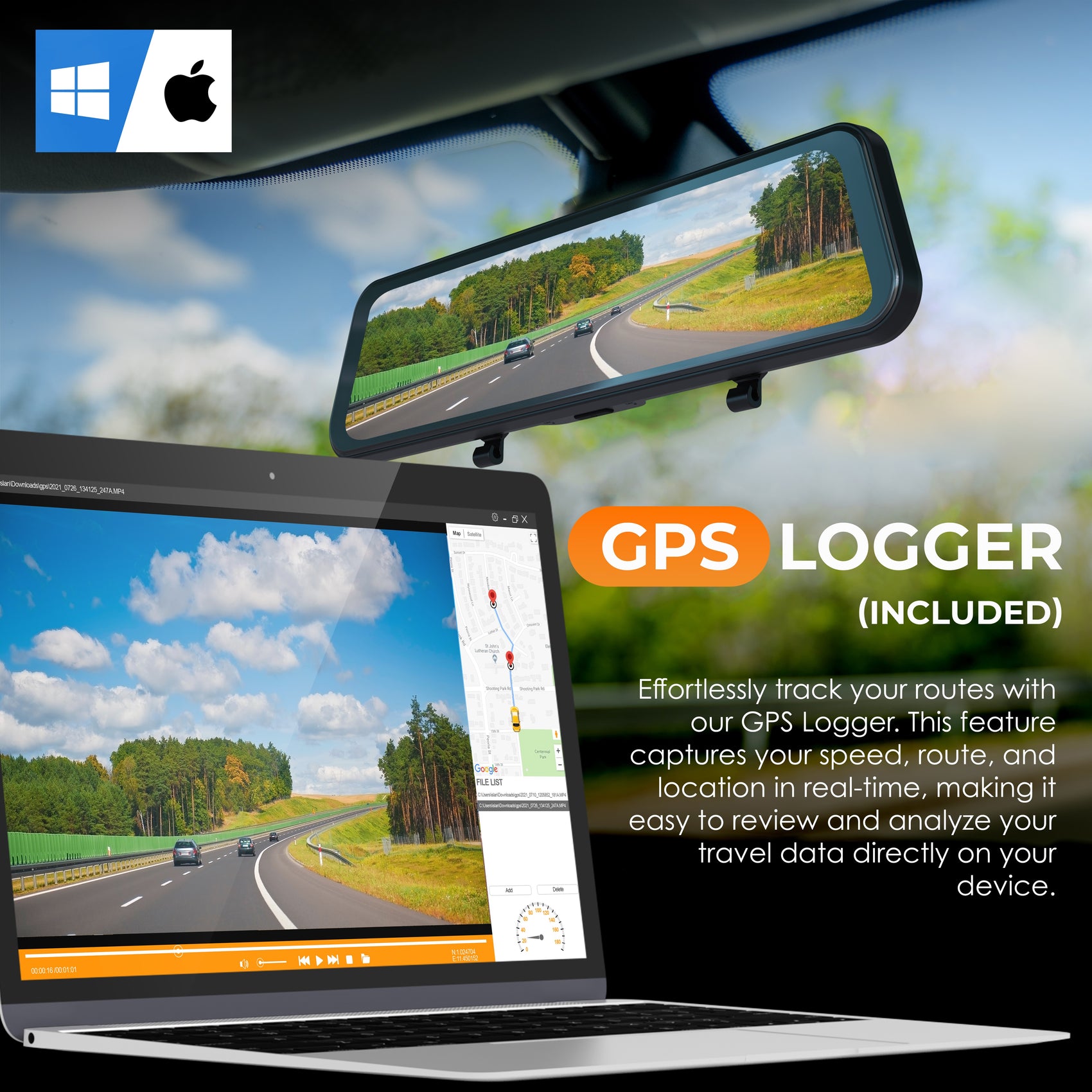 REXING M2-4 4-Channel Mirror Dash Cam, 12” Touch Screen, 1080p with GP ...